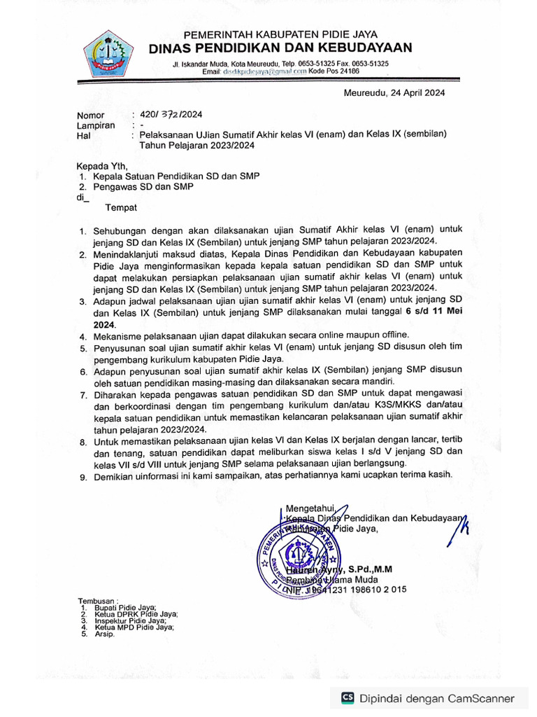 Pelaksanaan Ujian sumatif akhir Kelas VI dan IX tahun pelajaran 2023-2024. | PDF