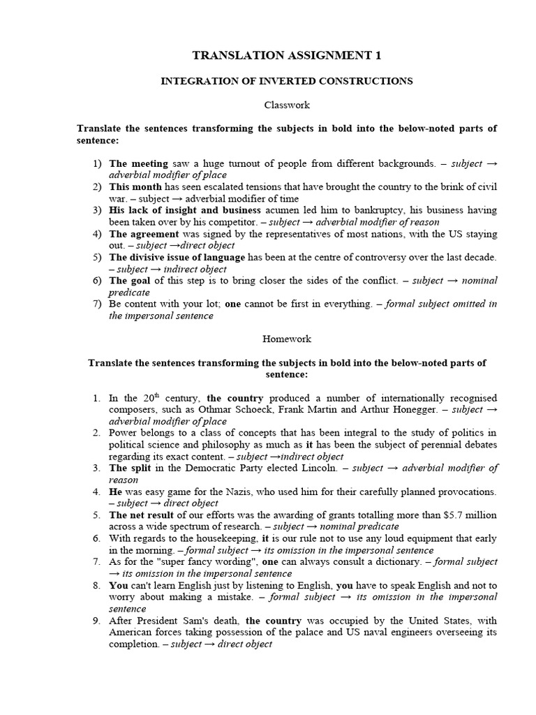 Translation Assignment 1 Inversion Integration | PDF | Subject (Grammar ...