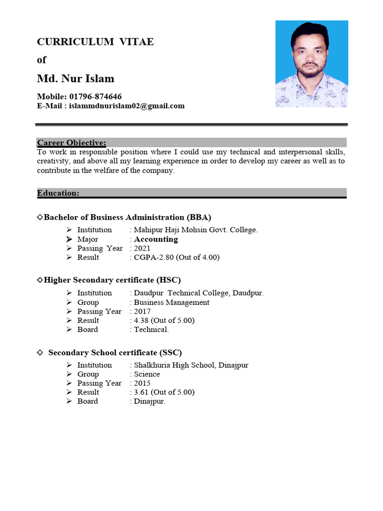 CV Format Nur Islam | PDF