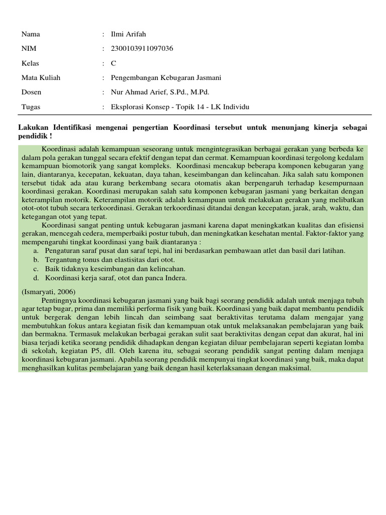 Ilmi Arifah - Topik 14 Eksplorasi Konsep LK Individu - Kebugaran | PDF