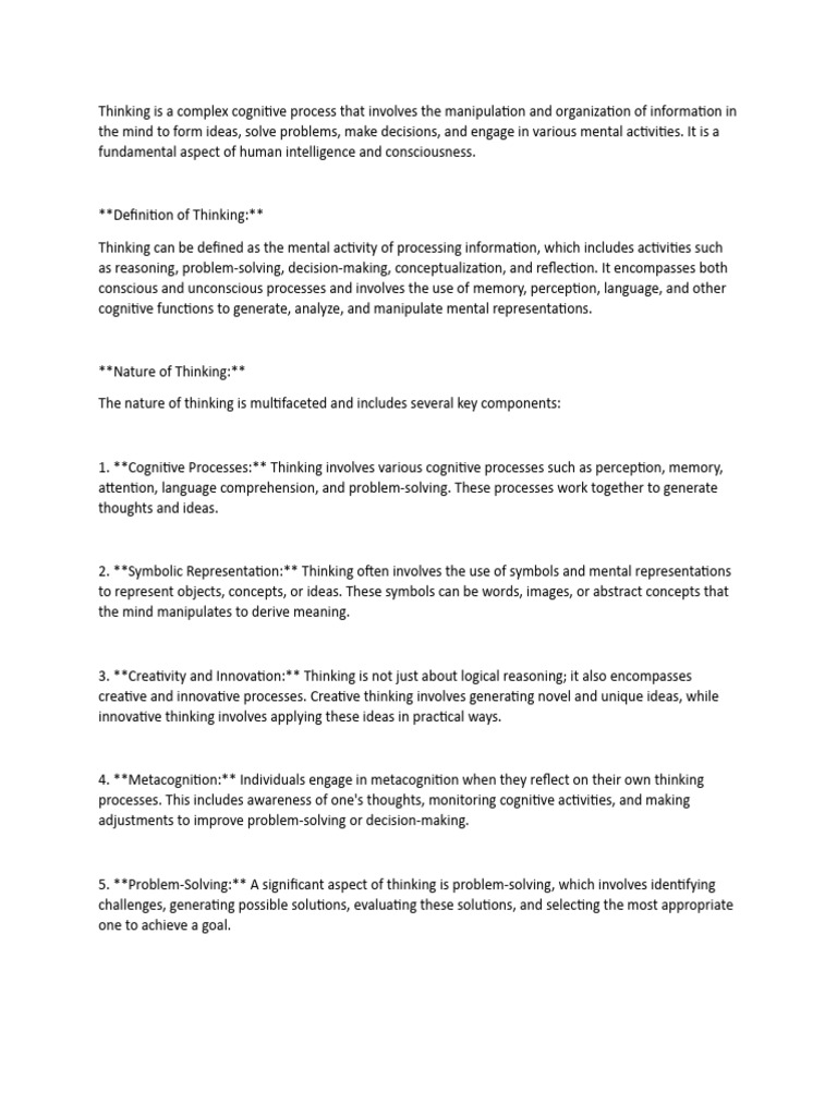 Thinking is a Complex Cognitive Process That Involves the Manipulation and Organization of ...