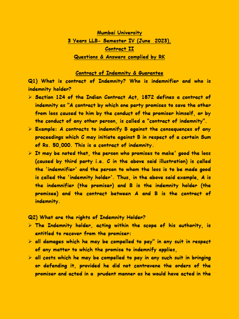 Contract II Questions & Answers | PDF | Guarantee | Law Of Agency