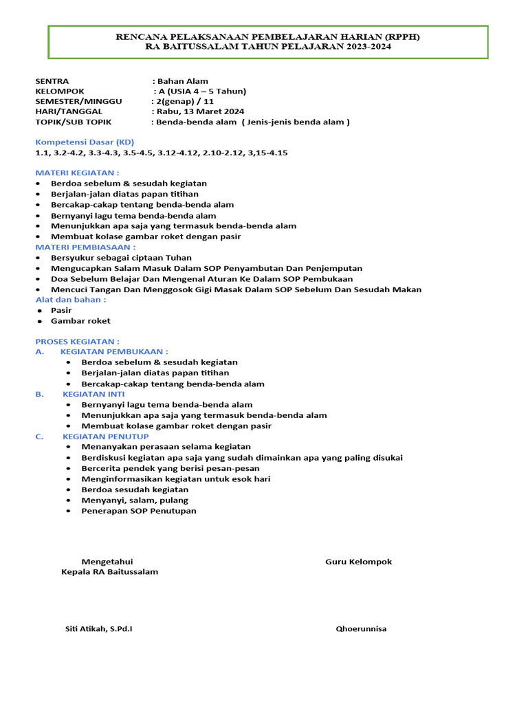 RPPH 13-15 Maret 2024 A Sentra Bahan Alam | PDF