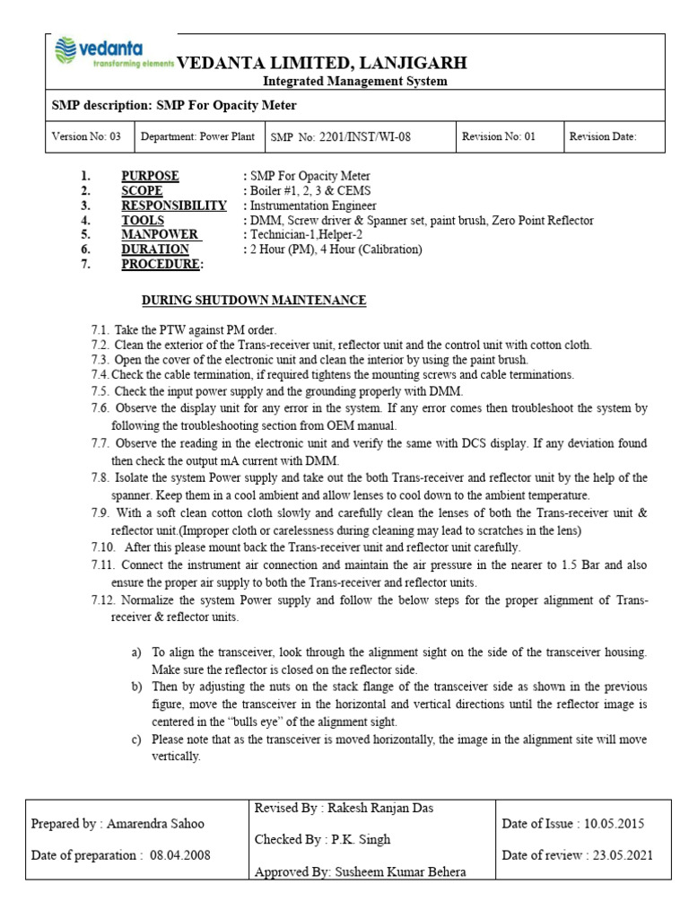 08 SMP of Opacity Meter Ver-03-Rev-01-2021 | PDF | Computer Monitor ...