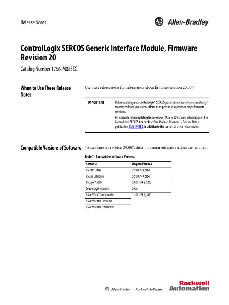 ControlLogix SERCOS Generic Interface Module, Firmware Revision 20 ...