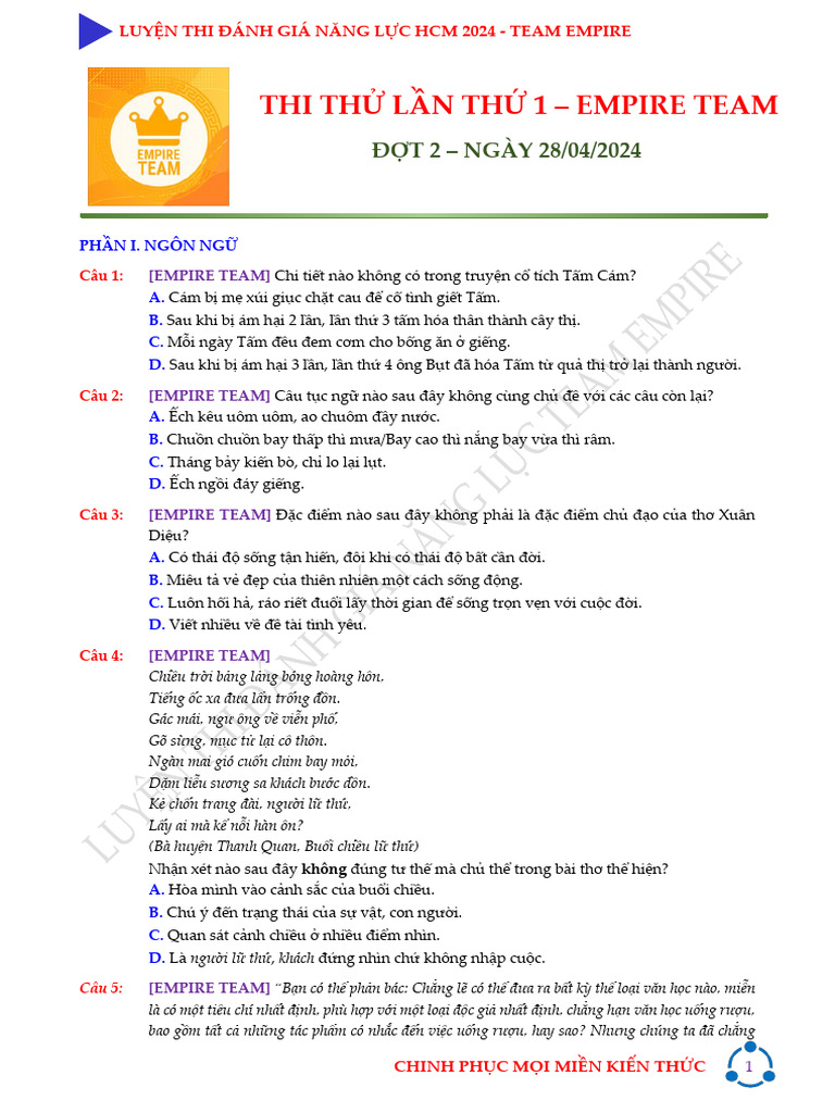 ĐỀ THI THỬ LẦN 1 ĐỢT 2 EMPIRE TEAM | PDF
