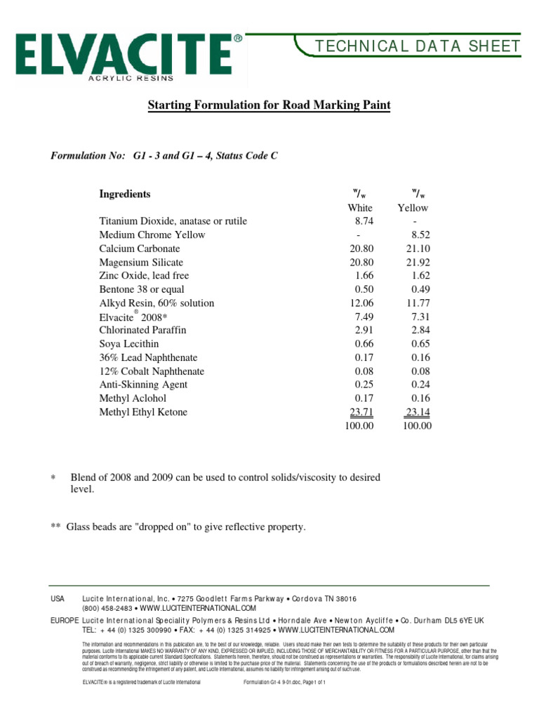 Starting Formulation for Road Marking Paint | PDF | Poly(Methyl ...