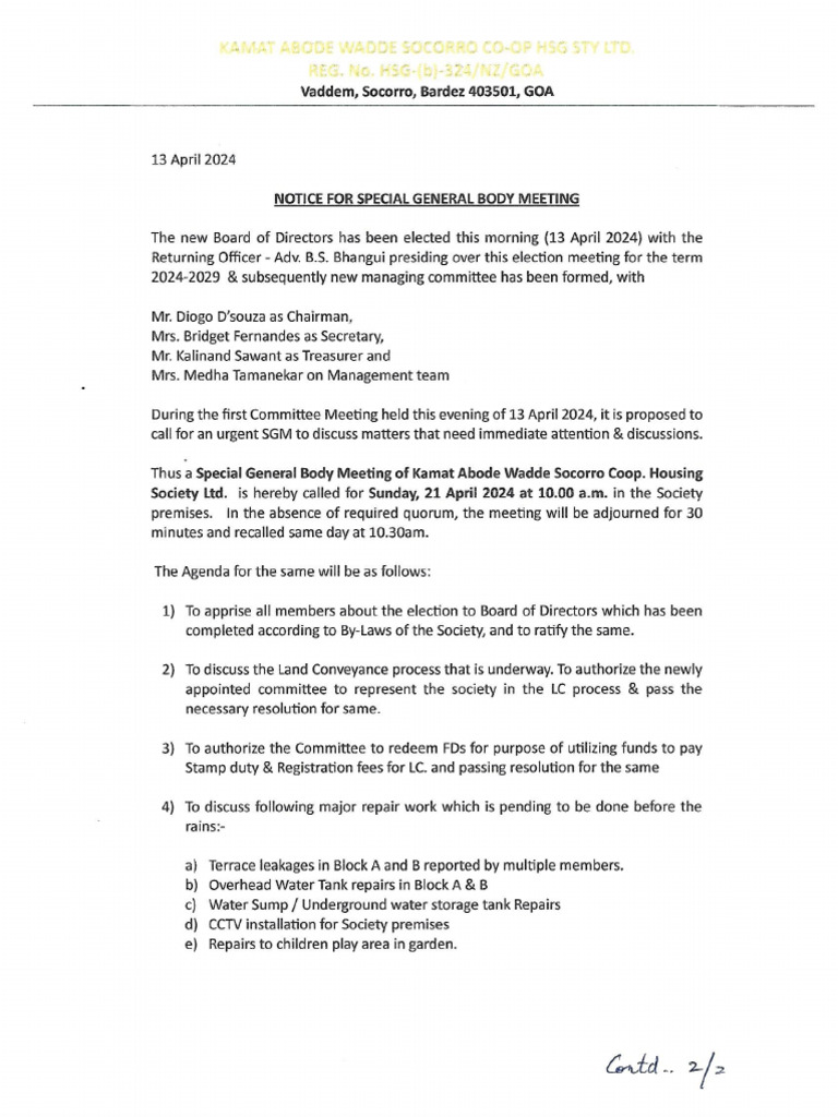 Notice-Agenda For SGM On 21.4.2024 | PDF
