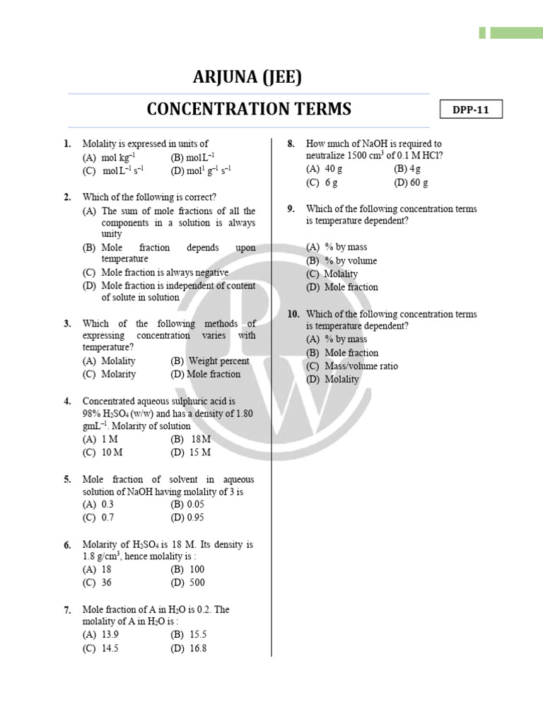 Concentration Terms in Chemistry Quiz | PDF | Concentration | Molar ...