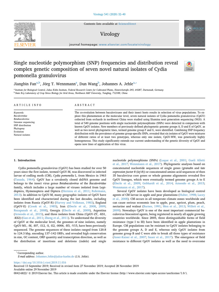 SNP Diversity in Cydia pomonella Granulovirus | PDF | Single Nucleotide ...