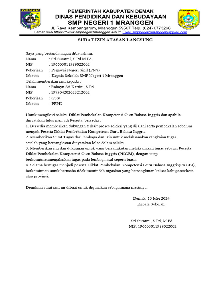 Surat Ijin Atasan Langsung PKGBI 2024 | PDF | Karier & Perkembangan