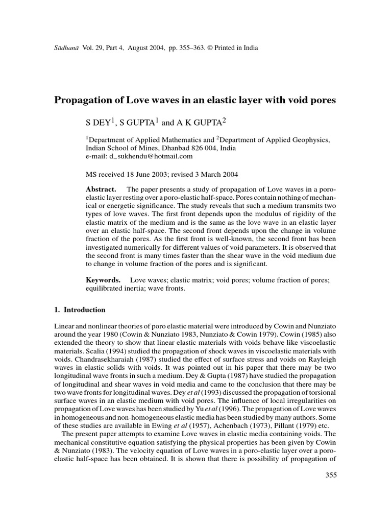 Propagation of Love Waves in An Elastic Layer With Void Pores | PDF | Waves | Porosity