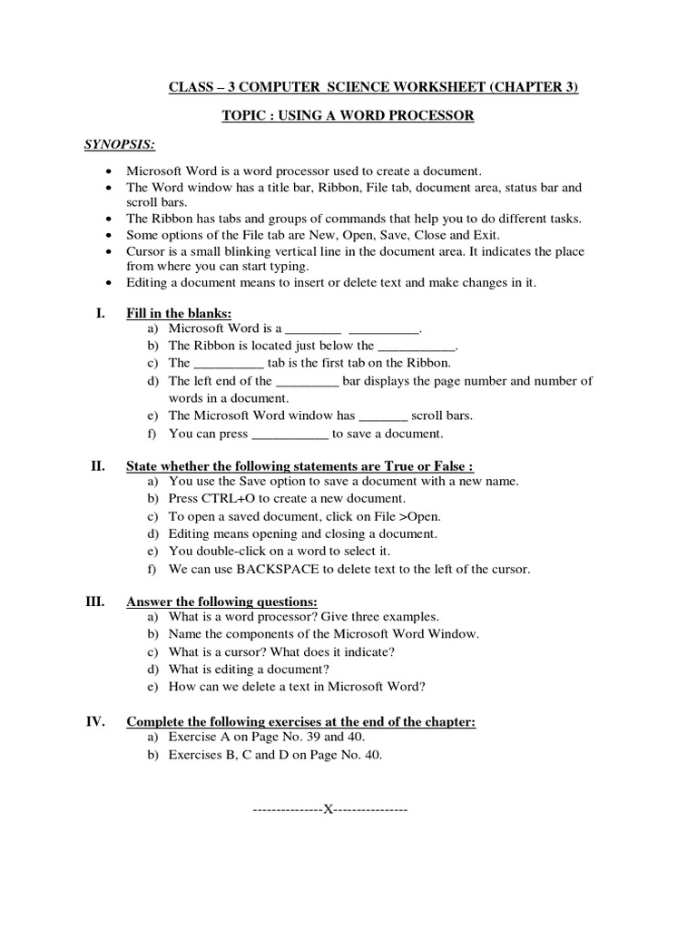 Class 3 Computer Worksheet Chapter 3 | PDF