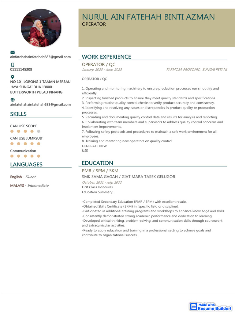 Nurul Ain Fatehah Binti Azman: Work Experience Work Experience | PDF | Learning | Behavior ...