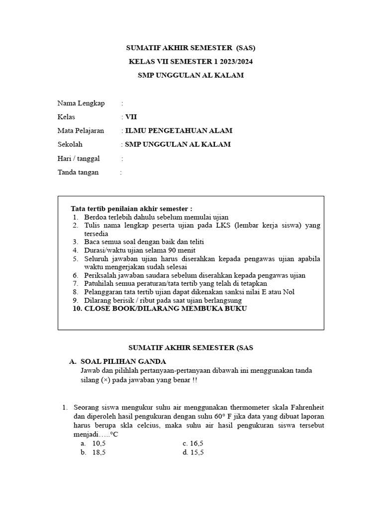 Sumatif Akhir Semester Ipa Fikss New | PDF