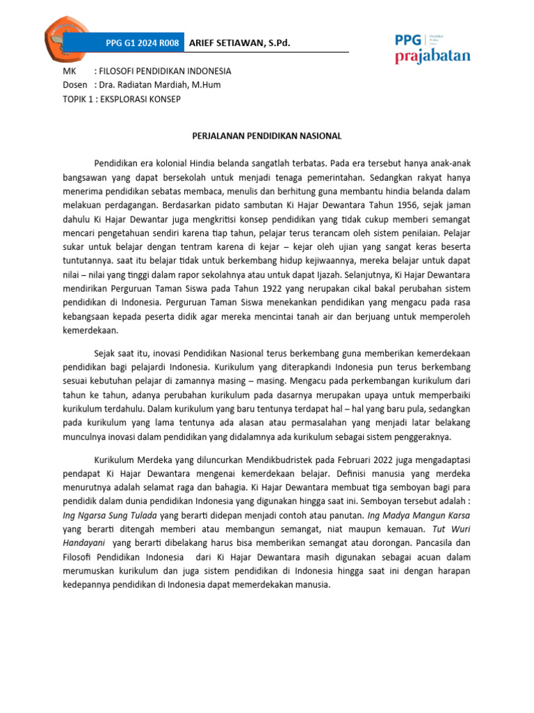 Arief Setiawan-PGSD R008-MK Filosofi Pendidikan - Topik 1 Eksplorasi Diri | PDF