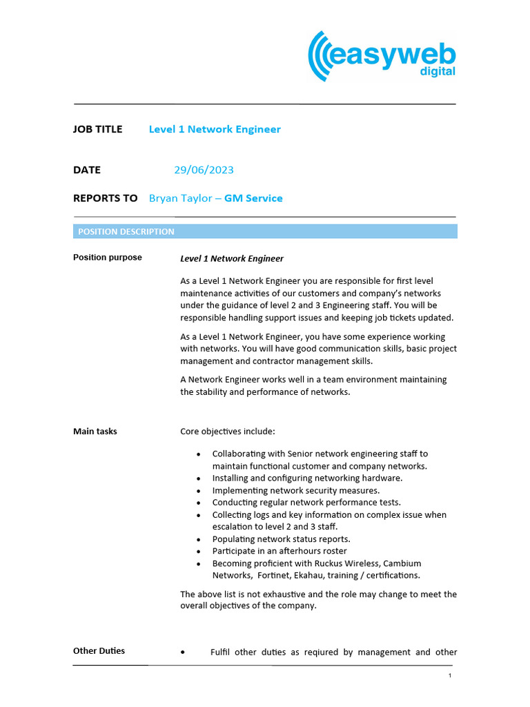 Easyweb Digital - Position Description - Junior Network Engineer | PDF | Computer Network | Wi Fi