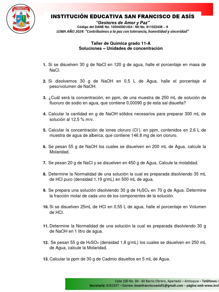 Taller Química Grado 11-A | PDF | Concentración | Ácido clorhídrico