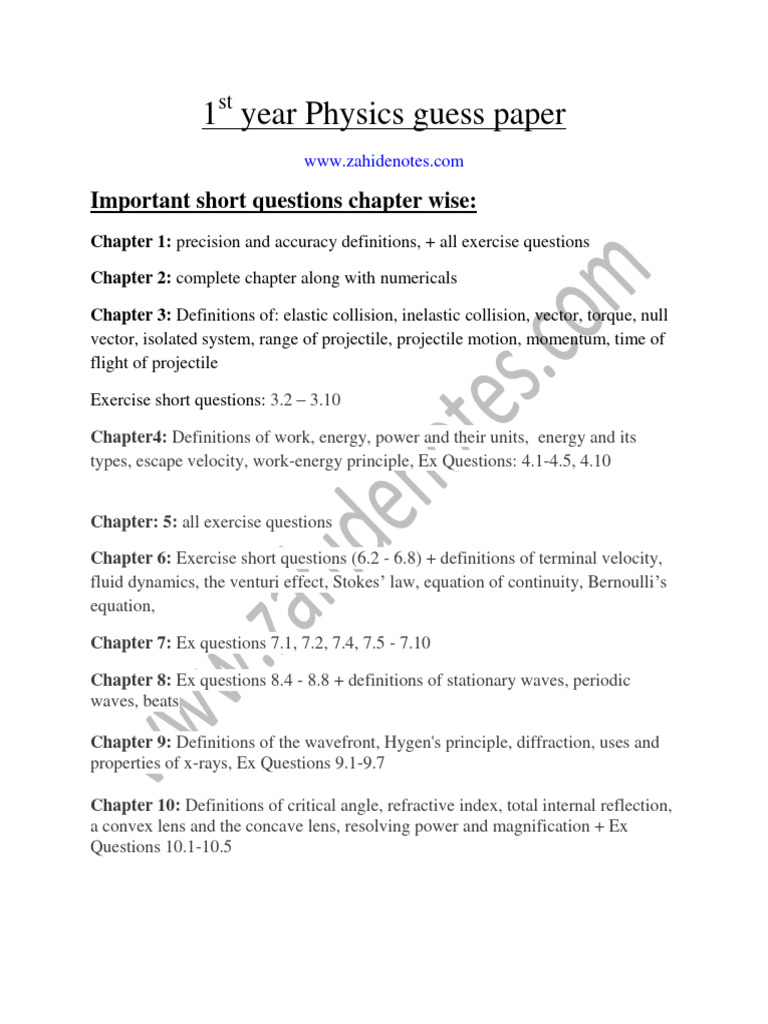 1st Year Physics Guess Paper 2022 | PDF | Collision | Momentum