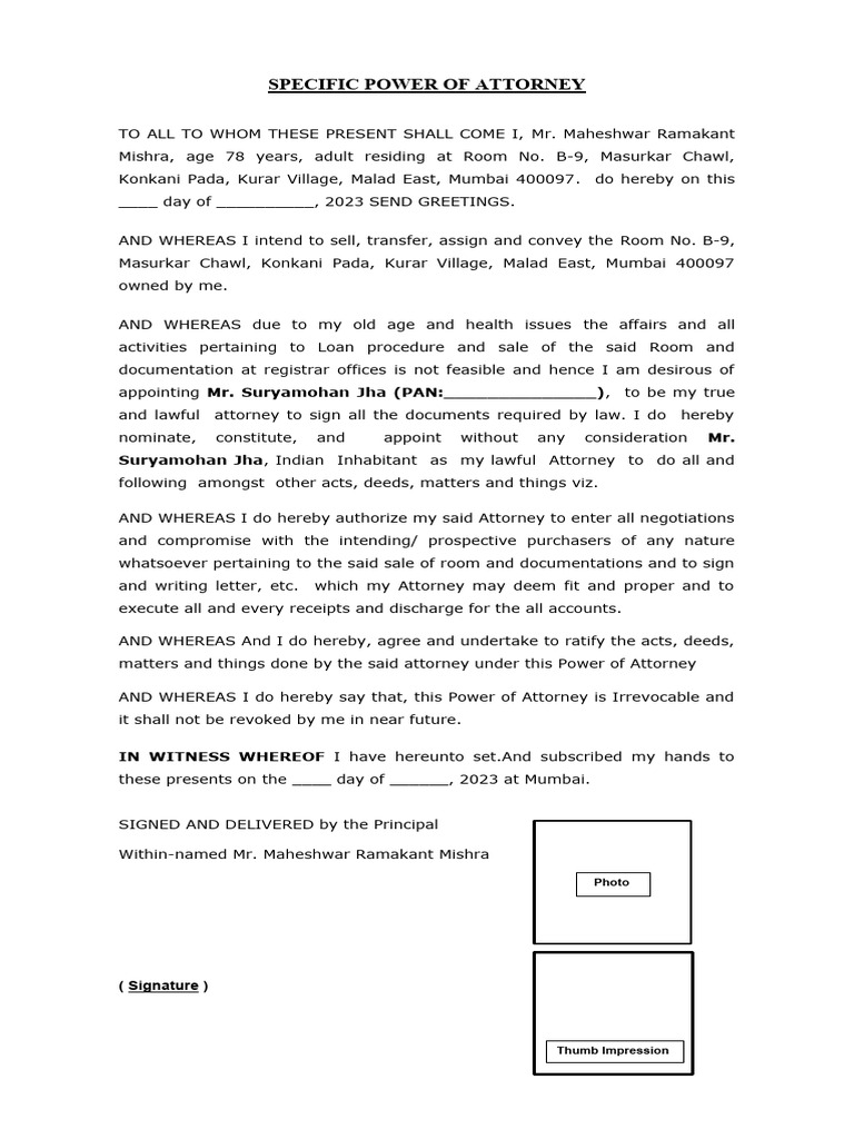 SPECIFIC POWER OF ATTORNEY - Maheshwar Mishra | PDF | Power Of Attorney ...