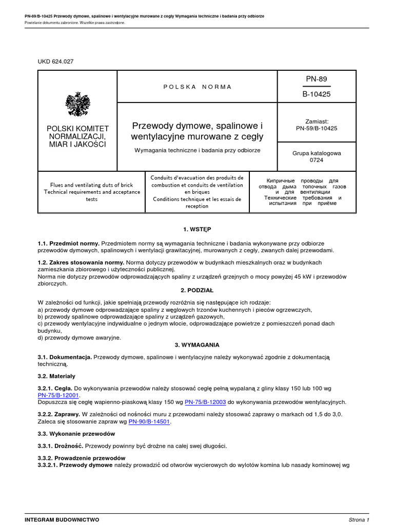 PN-B-10425-1989 Przewody Dymowe, Spalinowe I Wentylacyjne Z Cegły | PDF