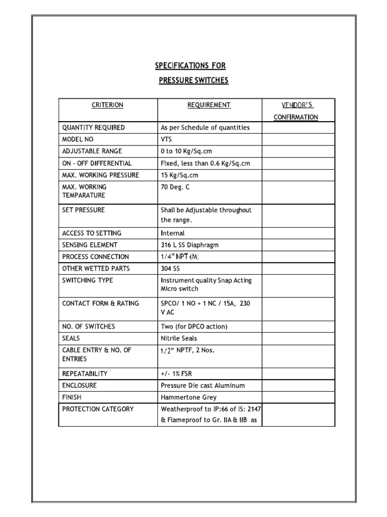 Datasheet Pressure Switch | PDF