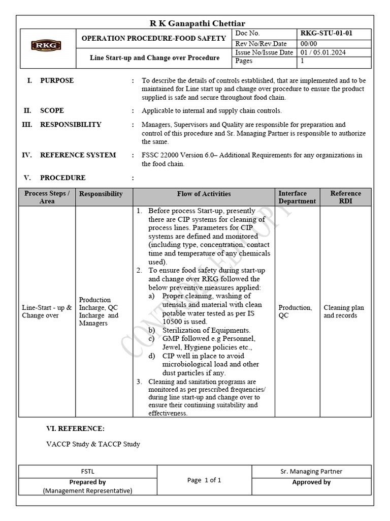Food Safety Line Start-Up Procedure | PDF | Drinking Water