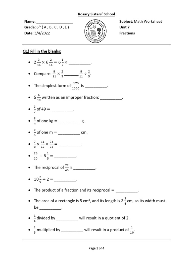 6th Grade Unit 7 (Fractions) Worksheet | PDF | Cupcake | Arithmetic
