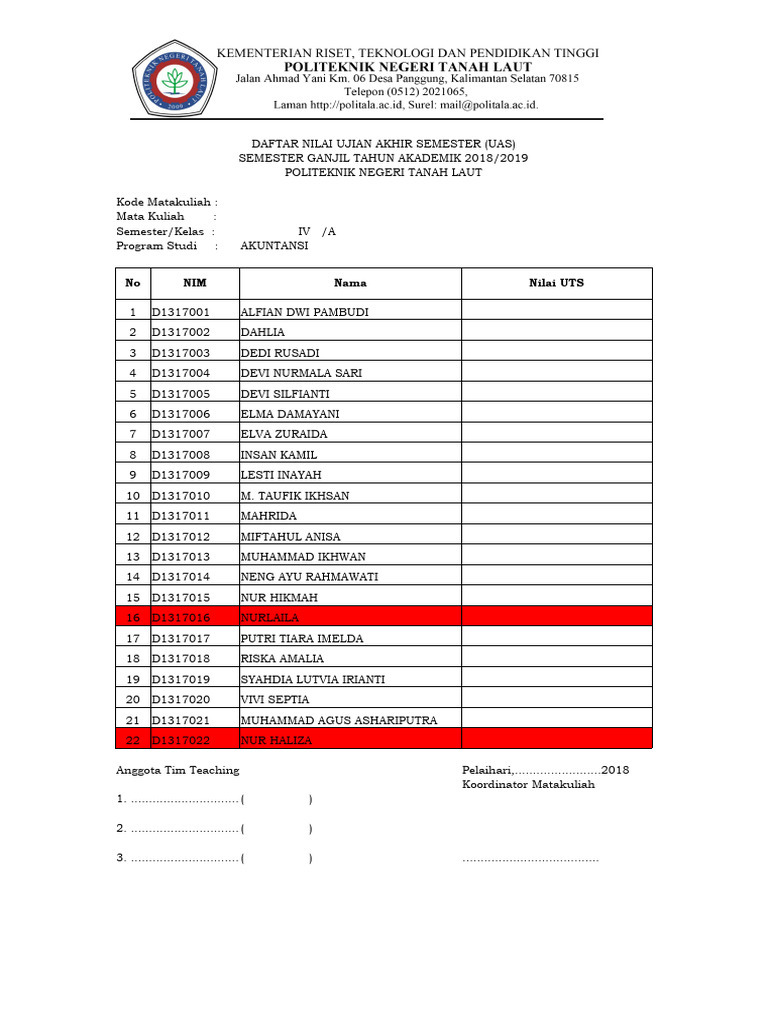 Format Penilaian UTS | PDF