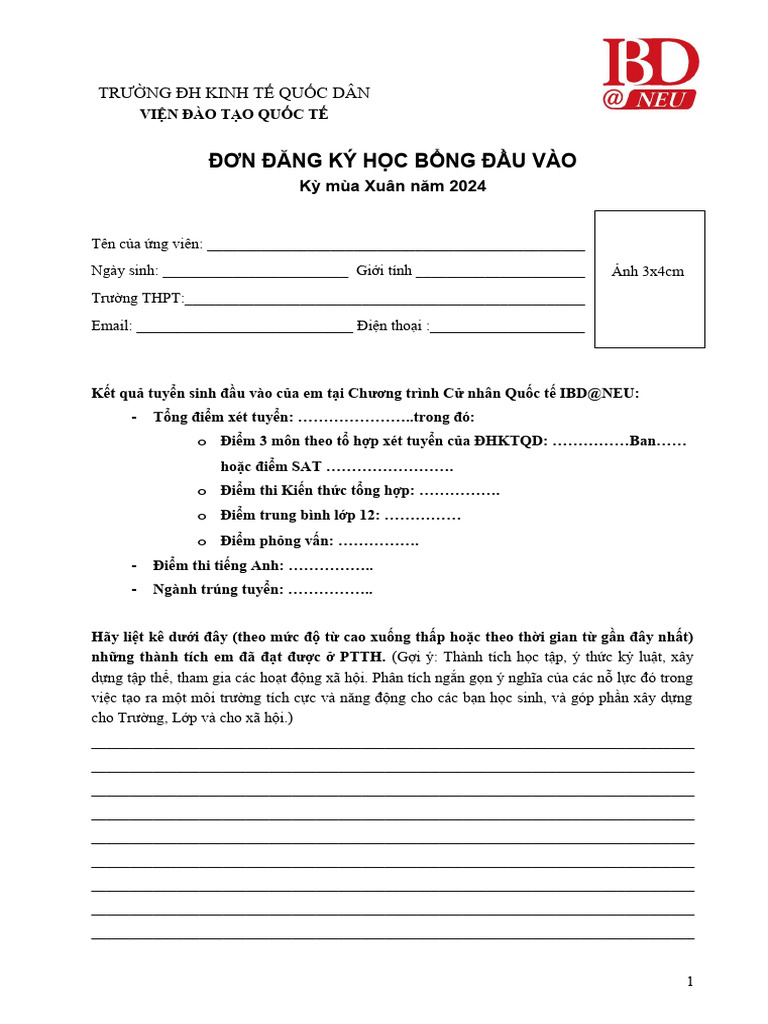 Scholarship Application Form HB Dau Vao 2 | PDF