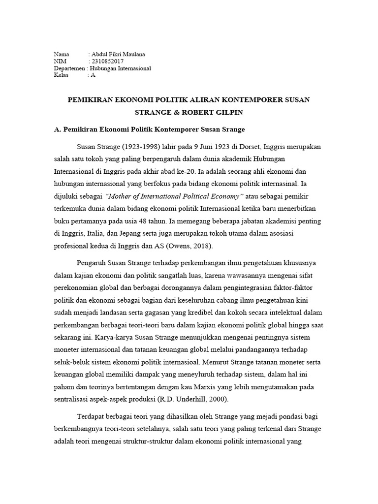 Pemikiran Ekonomi Politik Aliran Kontemporer Susan Strange & Robert ...