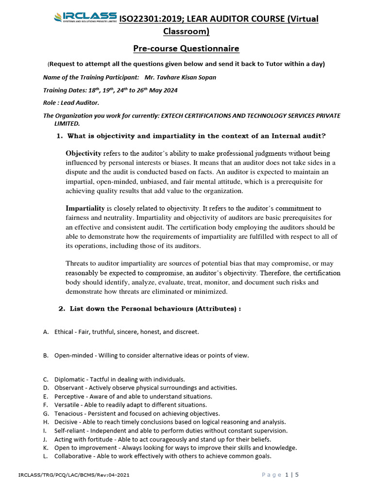 Pre Course | PDF | Audit | Risk