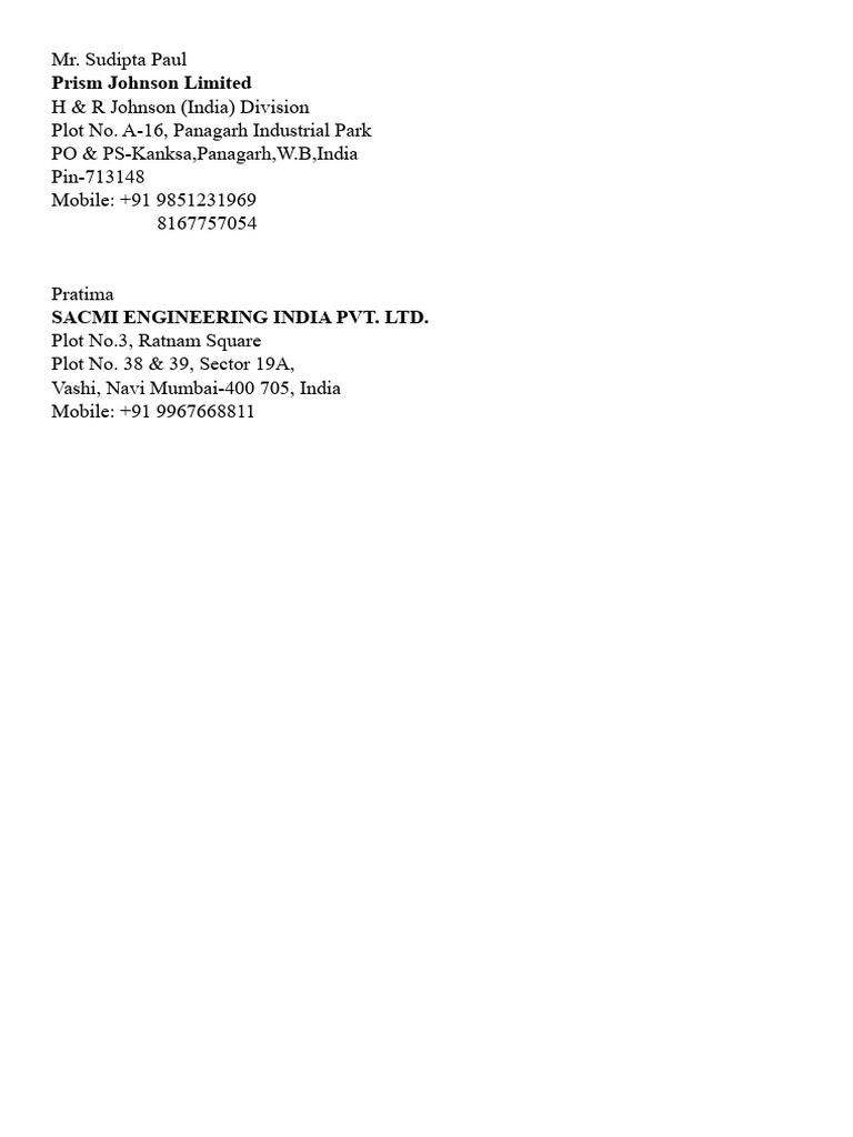 Contact Details: Prism Johnson & SACMI Engineering | PDF