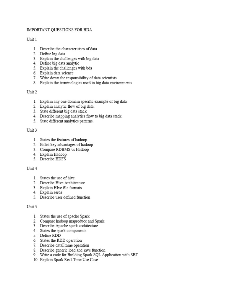 Important Questions For Bda | PDF | Computers