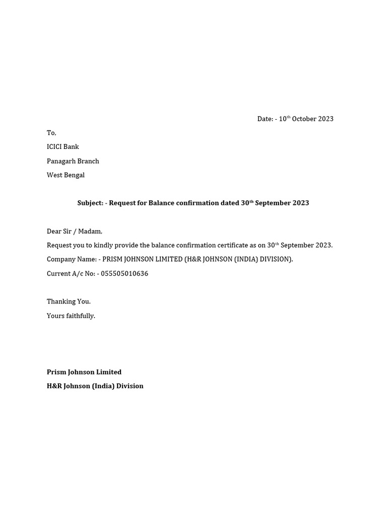 Bank Balance Confirmation Letter | PDF