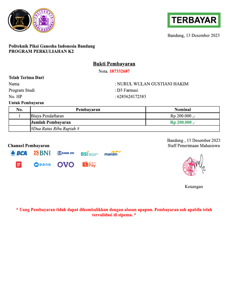 Kwitansi Pendaftaran NURUL WULAN GUSTIANI HAKIM D3 FAR-EL Genap | PDF