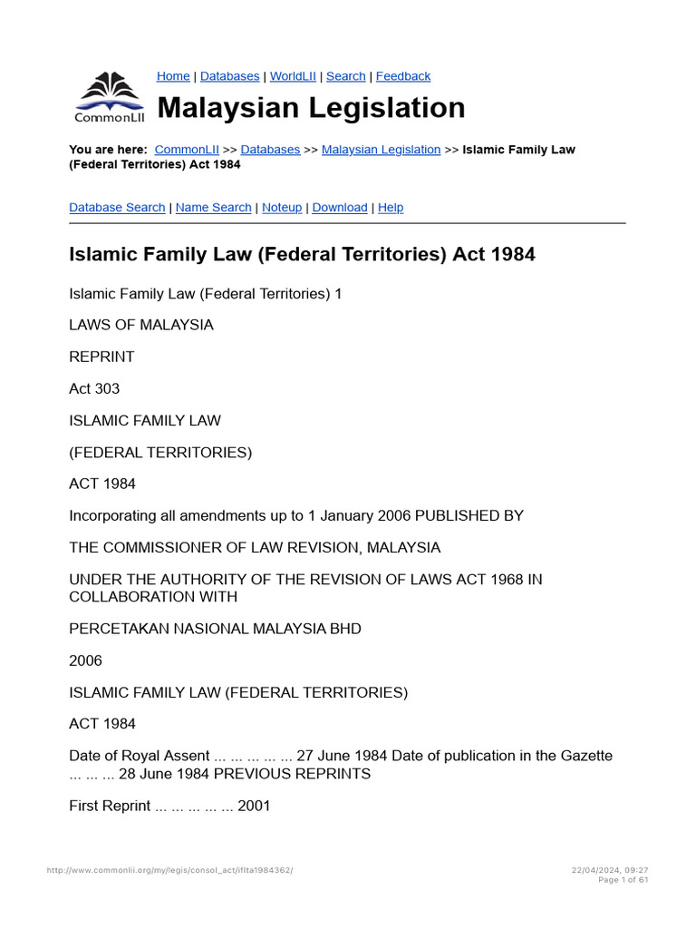 IFL (Federal Territories) Act 1984 | PDF | Legal Guardian | Marriage