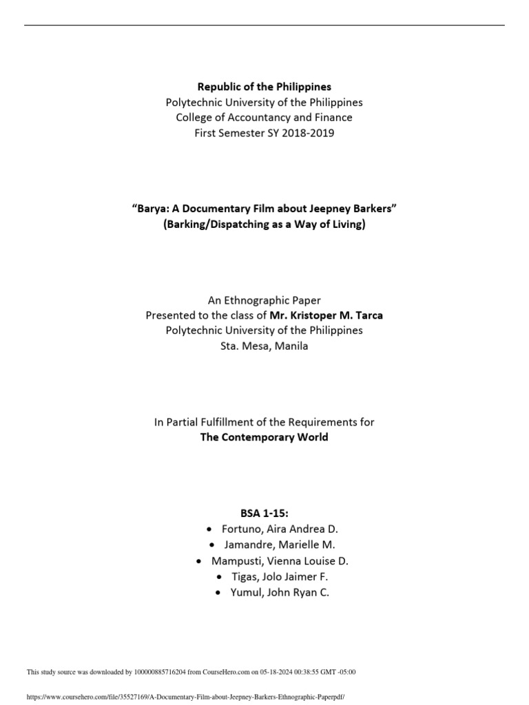 A Documentary Film About Jeepney Barkers Ethnographic Paper PDF | PDF ...
