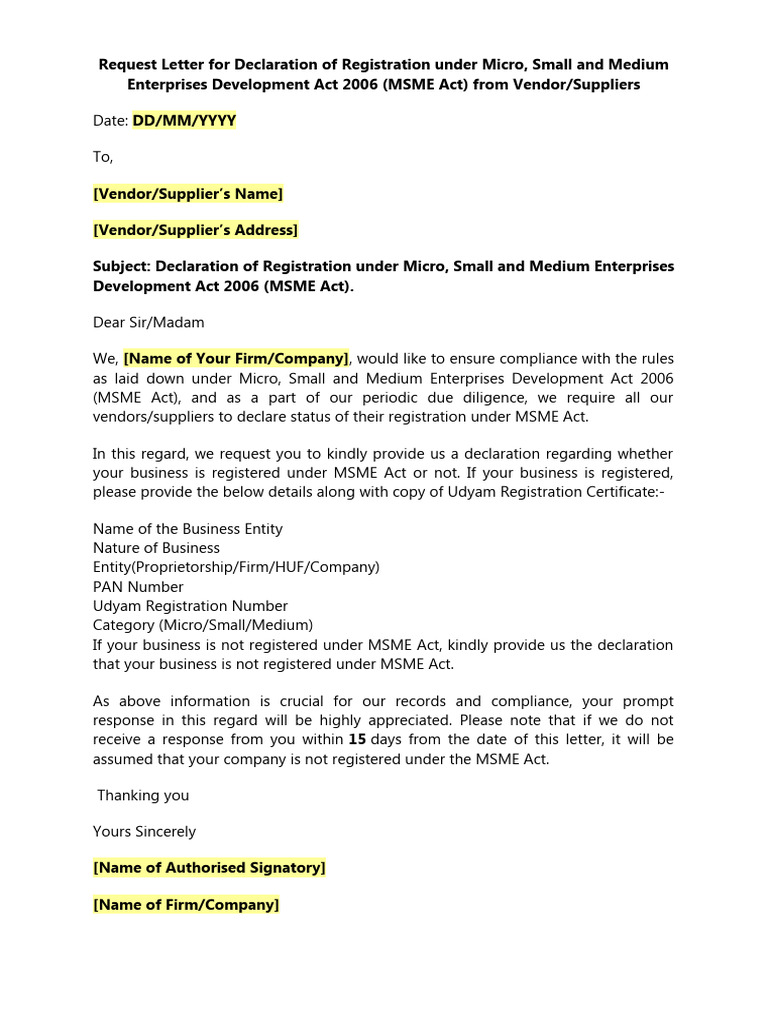 MSME Registration Declaration Request Letter | PDF | Business | Finance ...