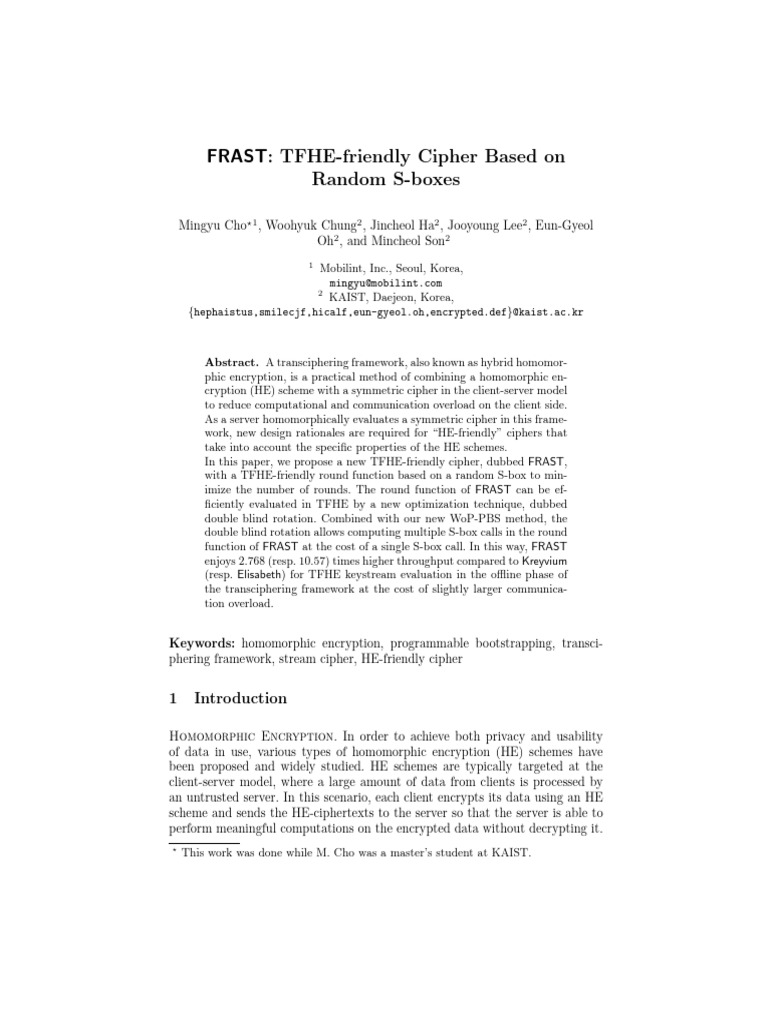 FRAST: TFHE-friendly Cipher Based On Random S-Boxes | PDF | Encryption | Applied Mathematics