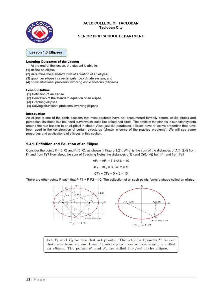 Pre Cal 3. Ellipses (1) | PDF | Ellipse | Cartesian Coordinate System