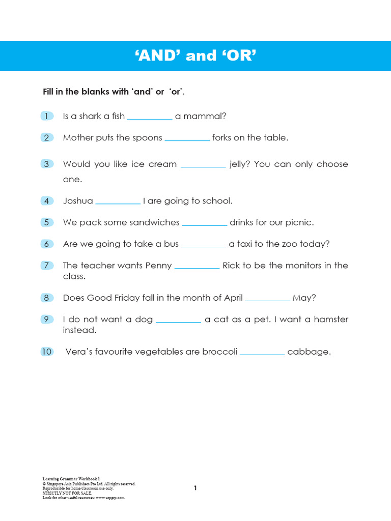 Grammar Workbook: 'AND' vs 'OR' Exercises | PDF