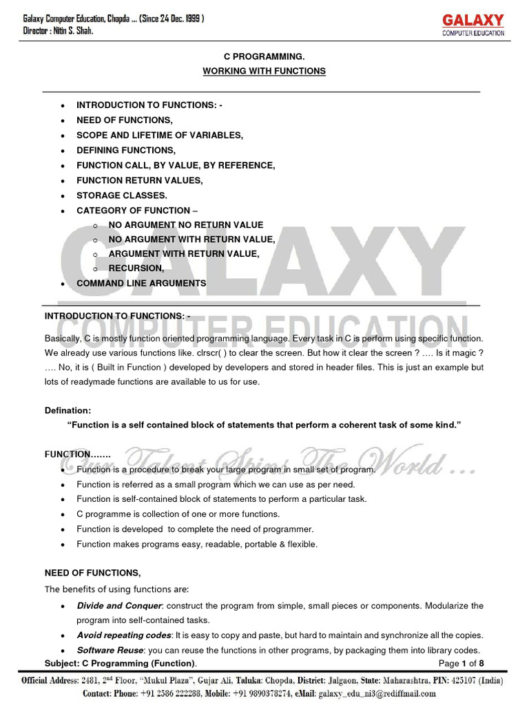 06 Functions in C | Download Free PDF | Parameter (Computer Programming) | Variable (Computer ...