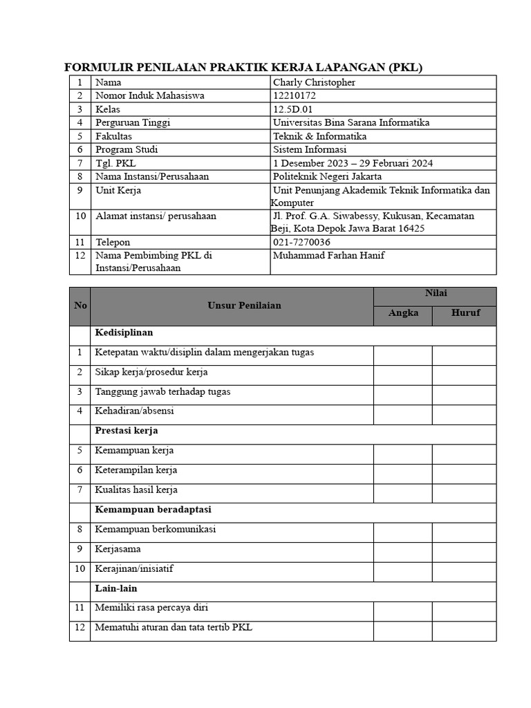 Formulir Penilaian Praktik Kerja Lapangan | PDF | Karier & Perkembangan | Bisnis