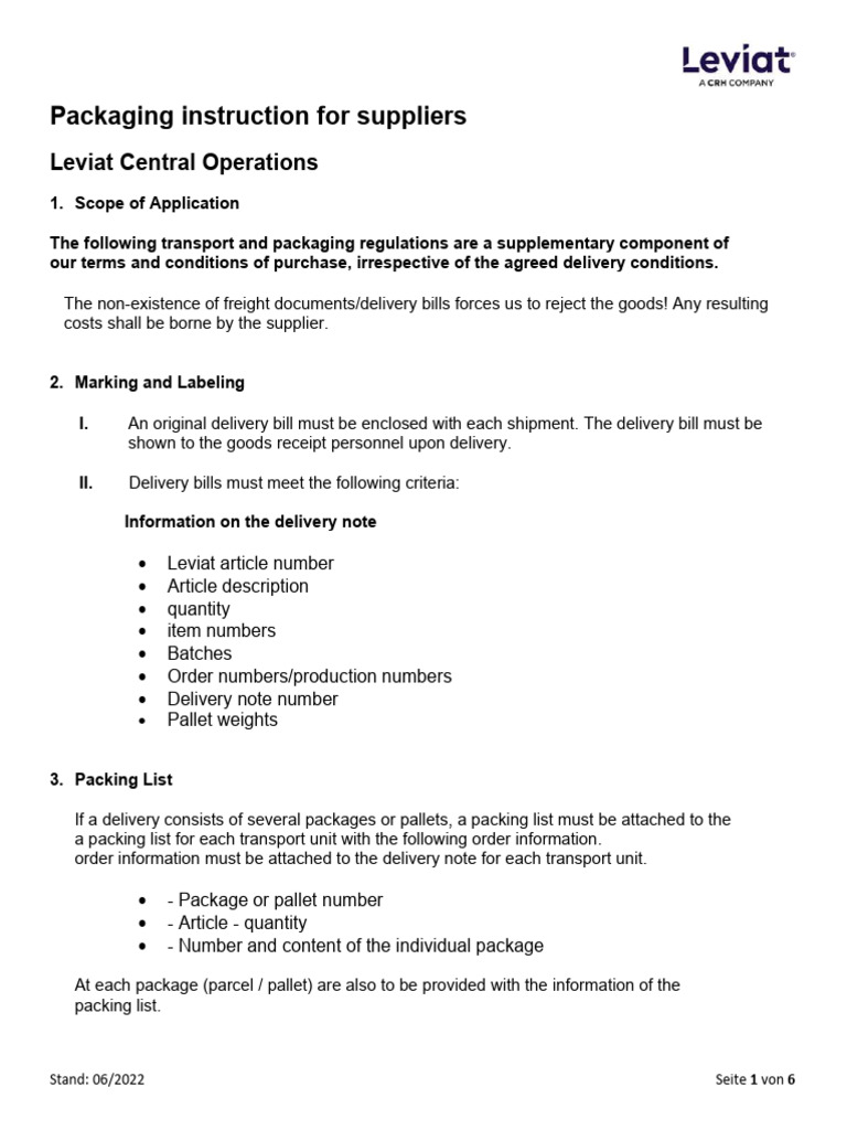 Packaging Instruction - Version 1.0 Status - June 2022 | PDF ...