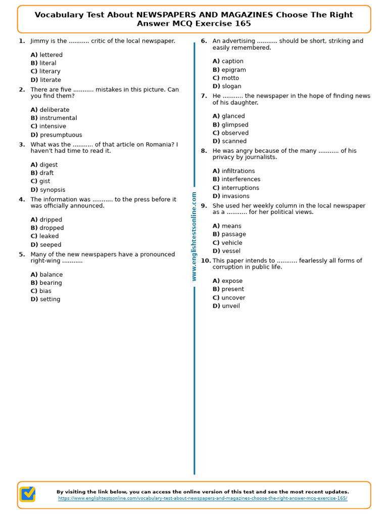 Vocabulary Test About Newspapers and Magazines Choose The Right Answer ...