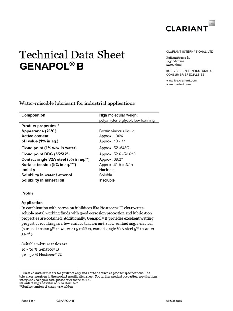 TDS Genapol B English | PDF | Water | Lubricant
