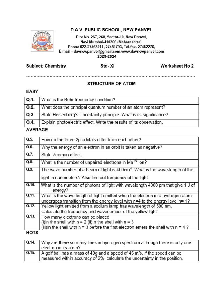 Chemistry Worksheet for Std XI | PDF