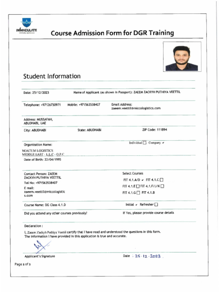 Course Admission Form - DGR1 | PDF