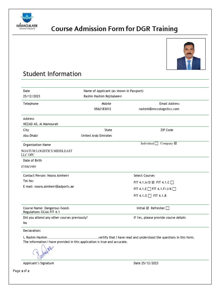 DGR Training Course Admission Form | PDF